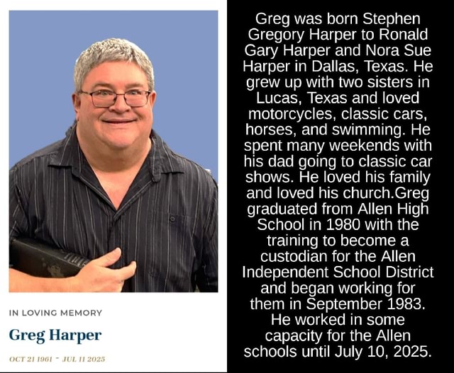 IN LOVING MEMORY Greg Harper Greg was born Stephen Gregory Harper to ...