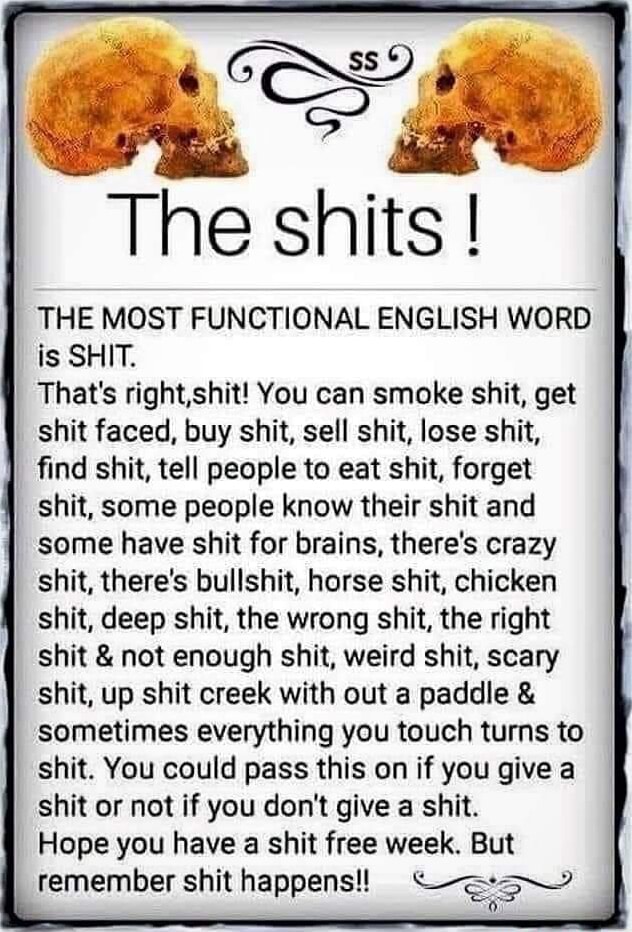 The shits ! THE MOST FUNCTIONAL ENGLISH WORD is SHIT. That's right,shit ...