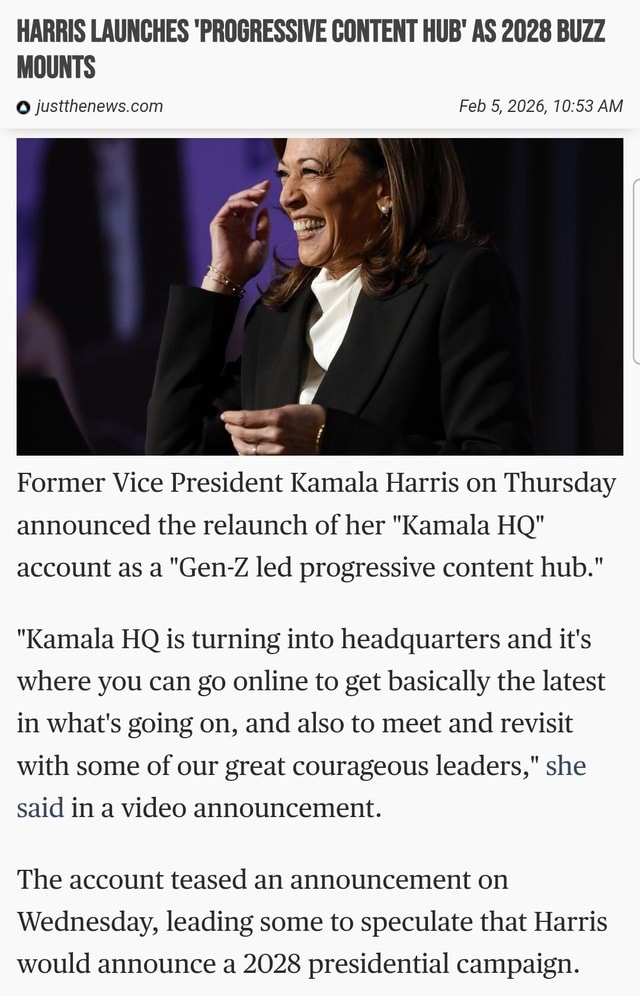 HARRIS LAUNCHES 'PROGRESSIVE CONTENT HUB' AS 2028 BUZZ MOUNTS ...