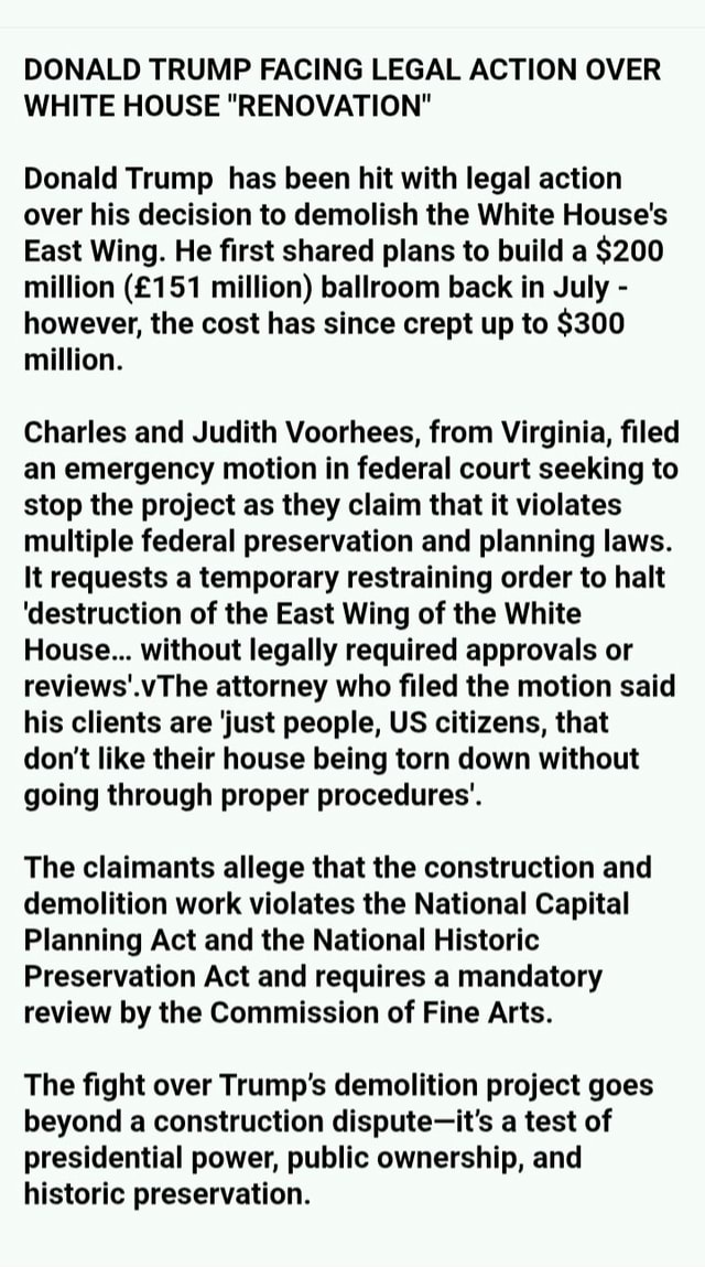 DONALD TRUMP FACING LEGAL ACTION OVER WHITE HOUSE "RENOVATION" Donald ...