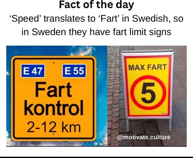 Fact of the day 'Speed' translates to 'Fart' in Swedish, so in Sweden ...