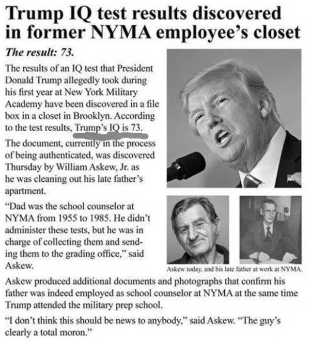 Trump IQ test results discovered in former NYMA employee's closet The ...