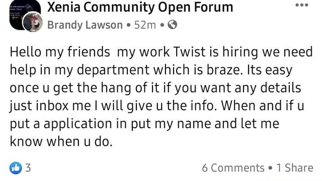 Xenia Community Open Forum Brandy Lawson Hello my friends my work Twist ...