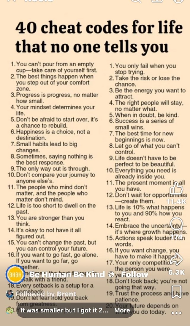 40 cheat codes for life that no one tells you 1. You can't pour from an empty cup-take care of ...