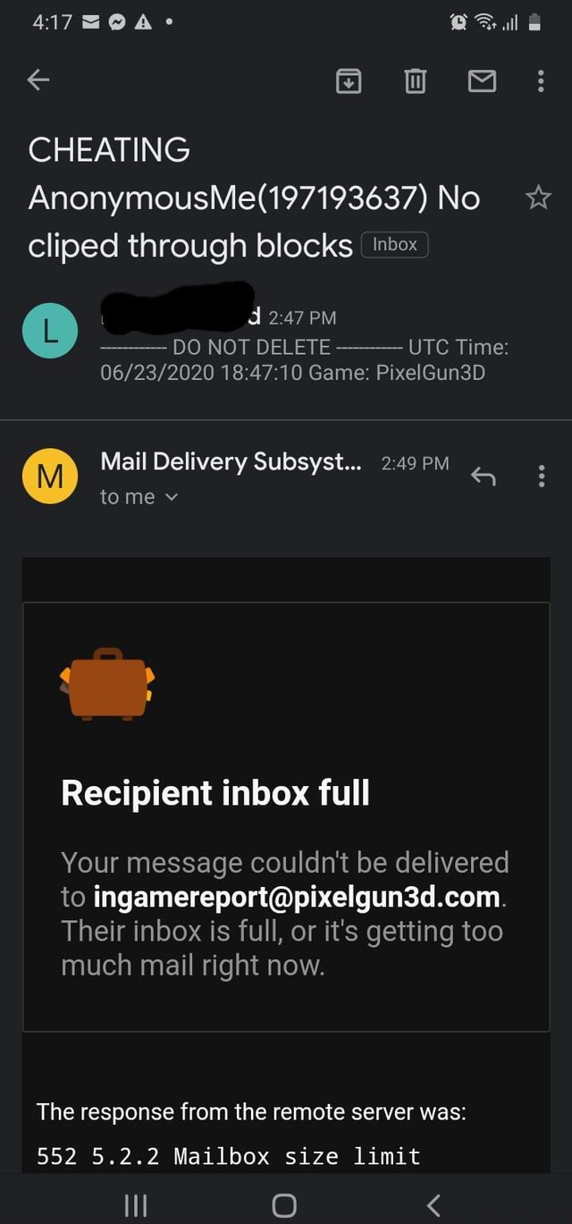 417 aul CHEATING No cliped through blocks !nbox d PM ==)O NOE DEEELE tine: Game: PixelGun3D Mail ...
