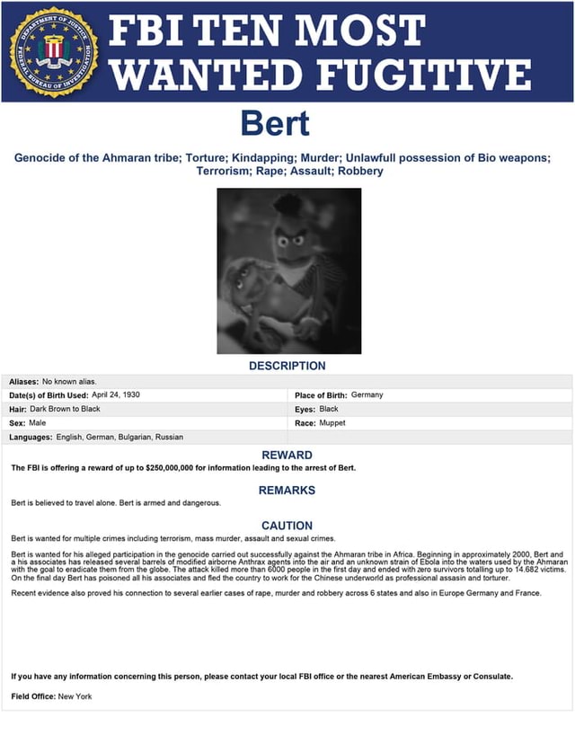 FBI TEN MOST WANTED FUGITIVE Bert Genocide of the Ahmaran tribe; Torture; Kindapping; Murder ...