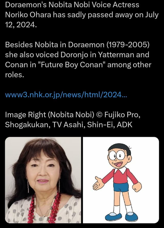 Doraemon's Nobita Nobi Voice Actress Noriko Ohara has sadly passed away ...