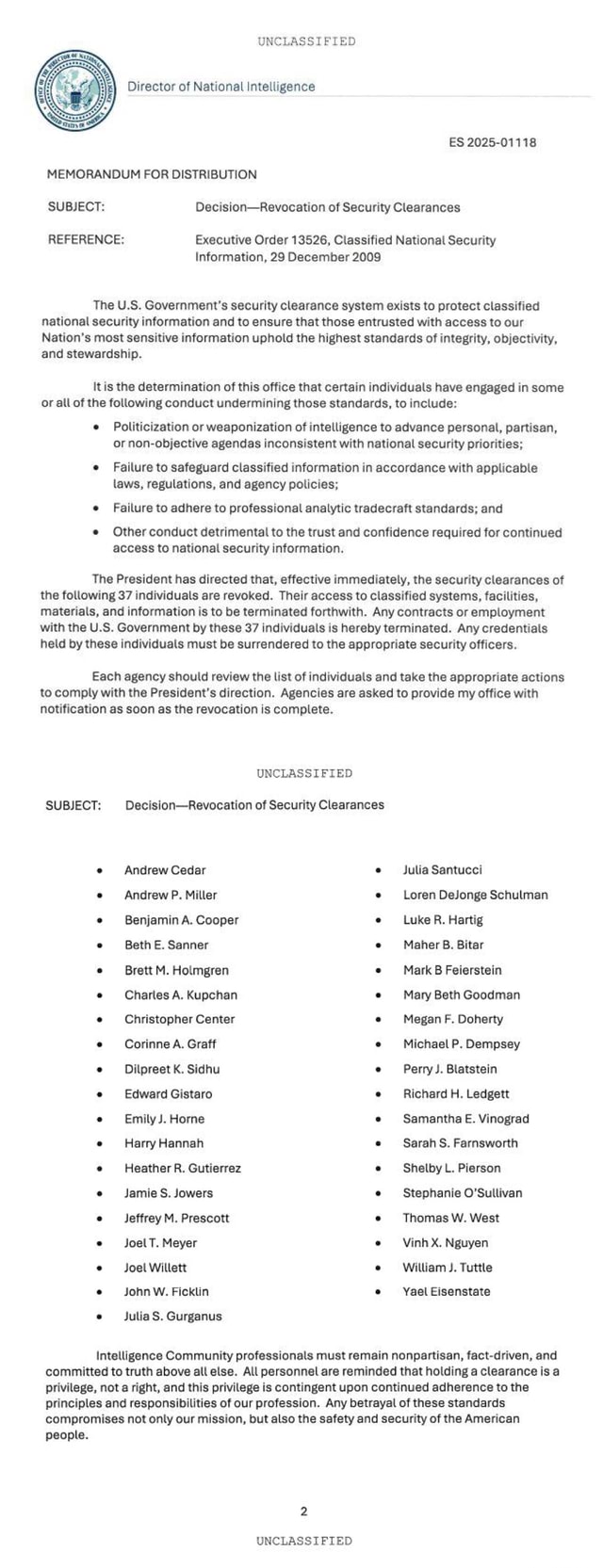UNCLASSIFIED Director of National Intelligence ES 2025-01118 MEMORANDUM ...
