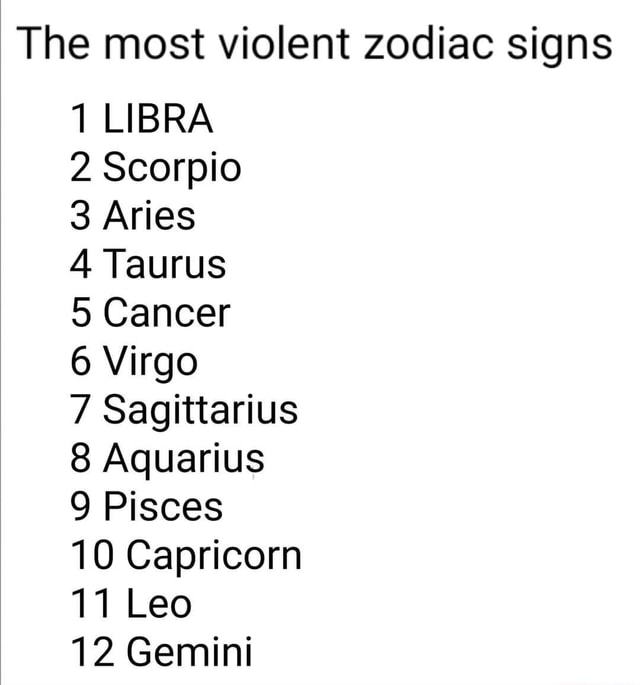 The most violent zodiac signs 1 LIBRA 2 Scorpio 3 Aries 4 Taurus Cancer ...