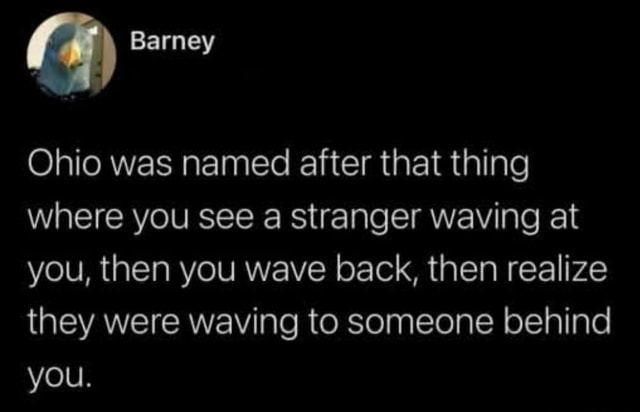 Barney Ohio was named after that thing where you see a stranger waving ...