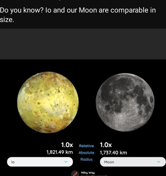 Do you know? lo and our Moon are comparable in size. 1.0x Relctive 1.0x 1,821.49 km absolute ...