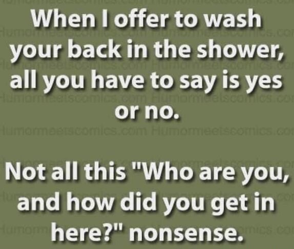 When I offer to wash your back in the shower, all you have to say is ...