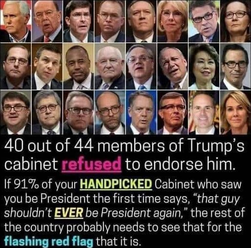 40 out of 44 members of Trump' cabinet refused to endorse him. 91% of ...