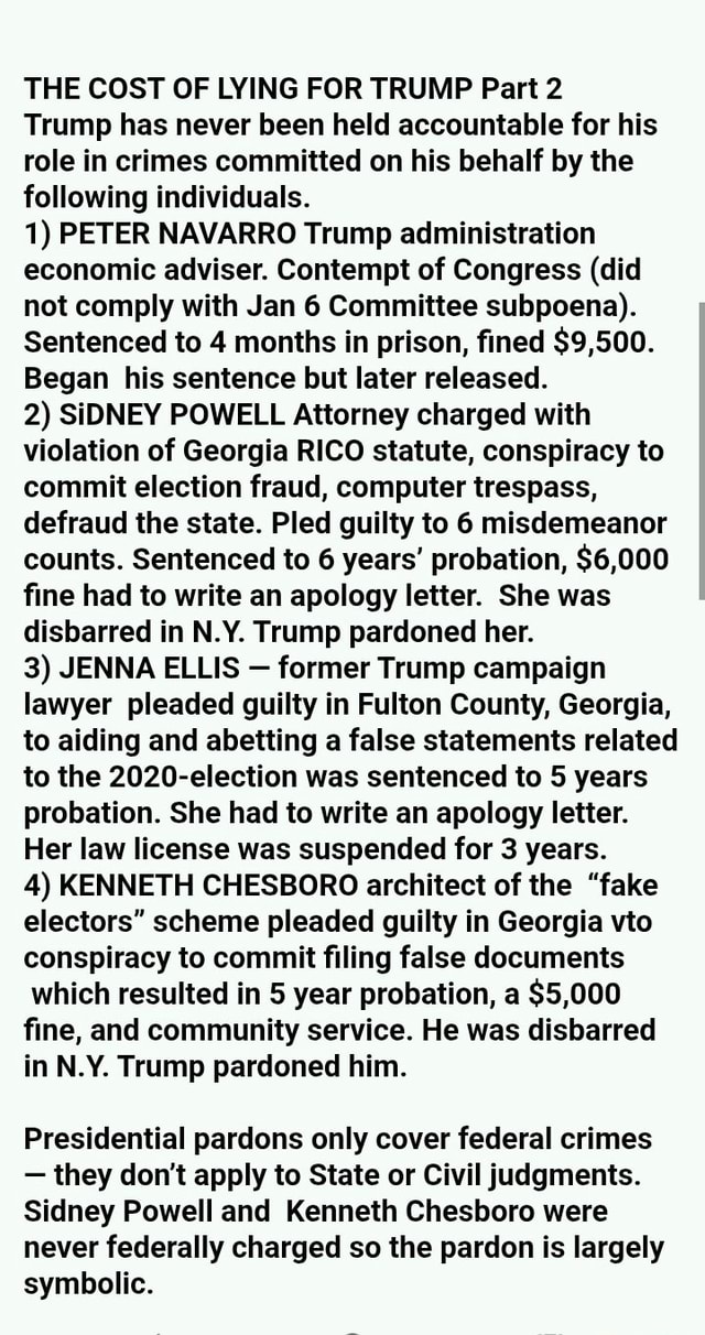 THE COST OF LYING FOR TRUMP Part 2 Trump has never been held ...