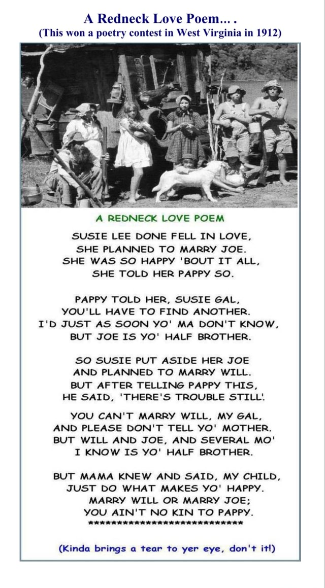 A Redneck Love Poem... . (This won a poetry contest in West Virginia in ...