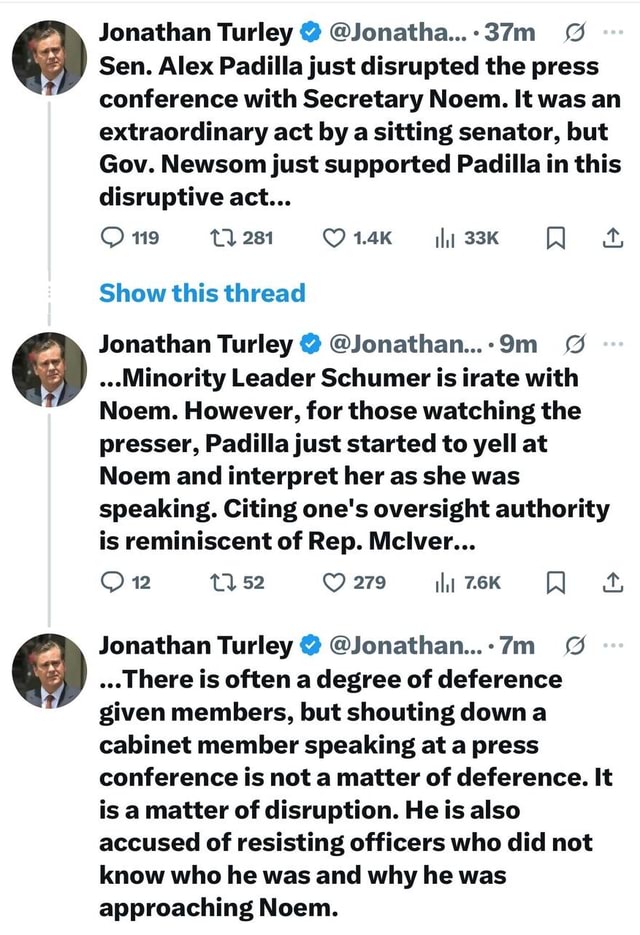Jonathan Turley @ @Jonatha...-37m Sen. Alex Padilla just disrupted the ...