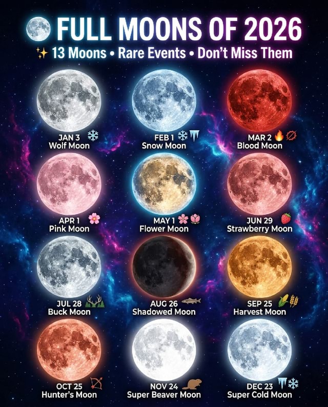 FULL MOONS OF 2026 13 Moons Rare Events Don't Miss Them JAN 3 * Wolf ...