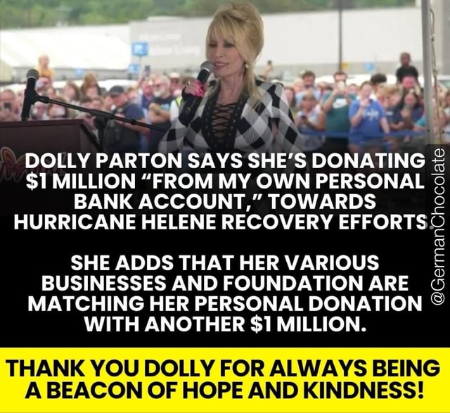 DOLLY PARTON SAYS SHE'S DONATING $1 MILLION "FROM MY OWN PERSONAL BANK ...