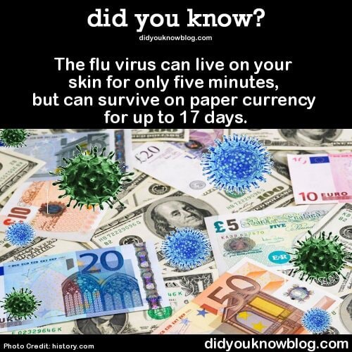 Note: Money is full of germs. - did you know? The flu virus can live on ...