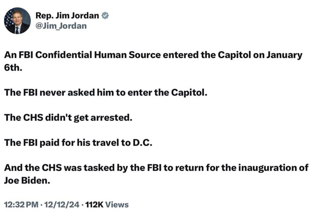 Rep. Jim Jordan @Jim_ Jordan An FBI Confidential Human Source entered ...